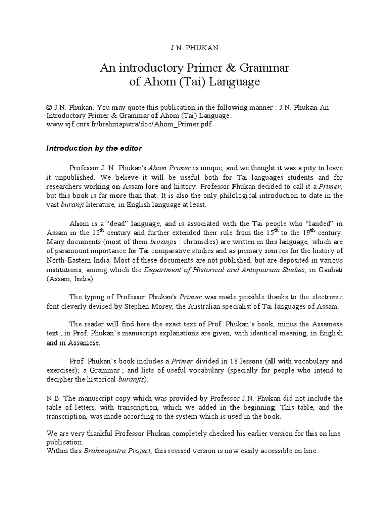 Ahom Language Primer | PDF | Grammatical Number | Vowel