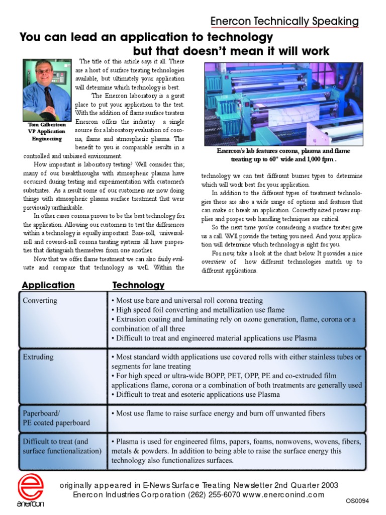 Enercon Treatment Technology Compare Chart | PDF | Ozone | Gases