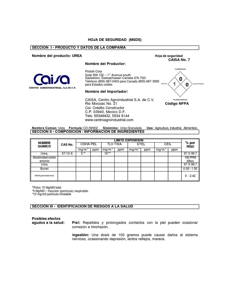 Safety Data Sheet for Urea Fertilizer | PDF | Química | Productos quimicos