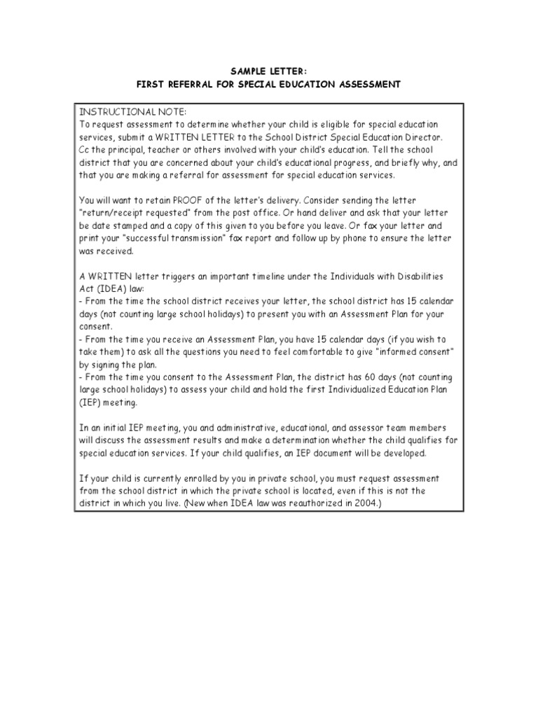 Sample Letter: First Referral For Special Education Assessment | PDF ...