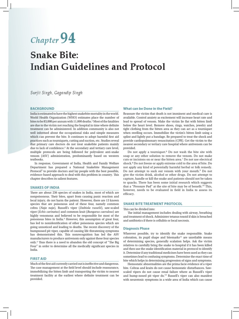 Snake Bite - Indian Guidelines and Protocol | PDF
