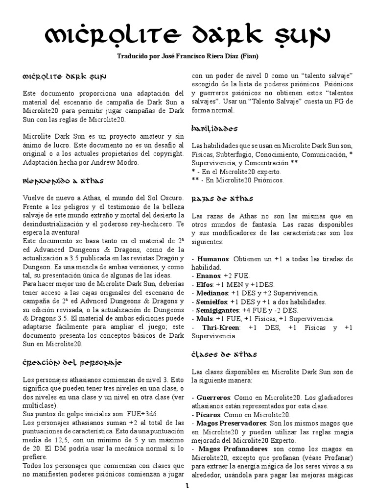 Microlite20 - Darksun | Descargar gratis PDF | Calabozos y Dragones ...