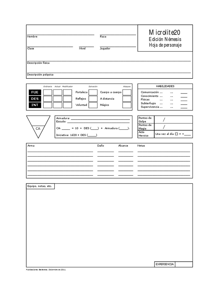 Microlite20 - Edición Némesis - Hoja de Personaje | PDF
