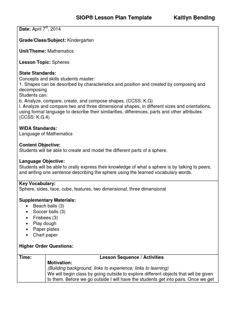 Siop Lesson Plan | PDF | Shape | Lesson Plan