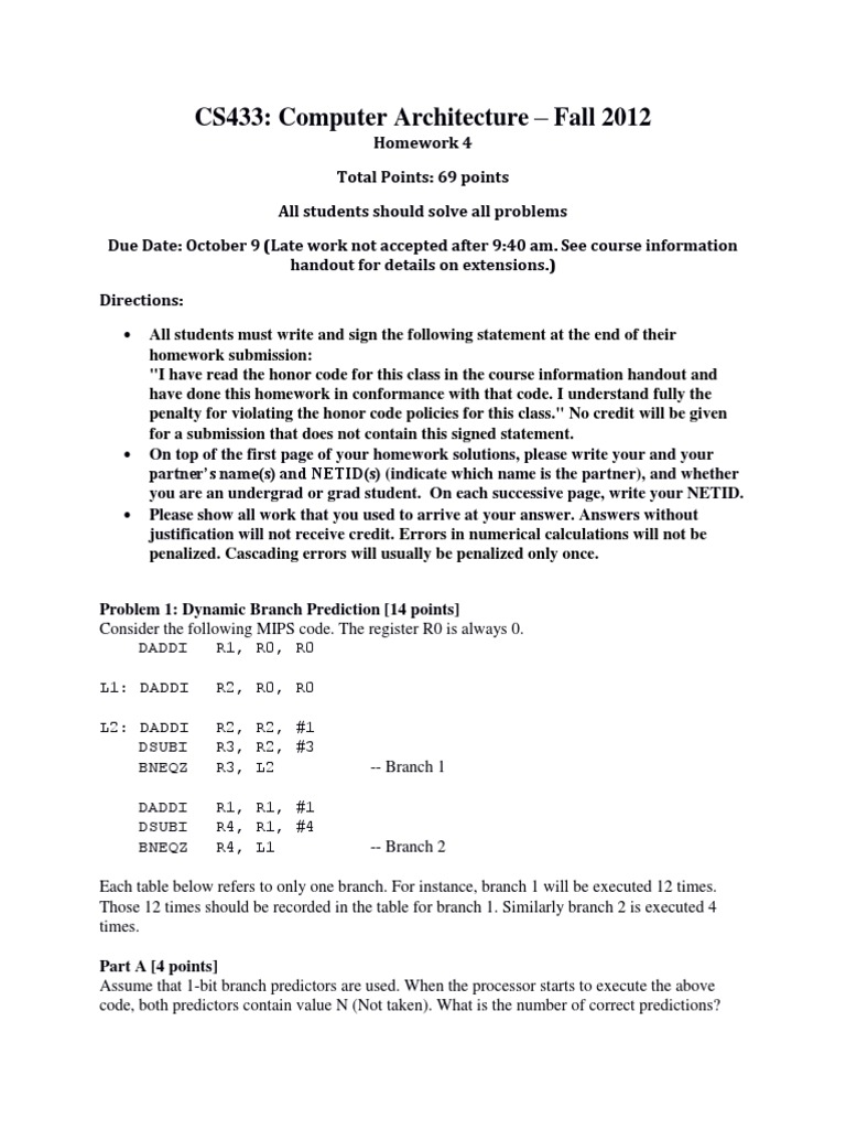 Cs433 Fa12 Hw4 Sol Correct | PDF | Central Processing Unit | Control Flow