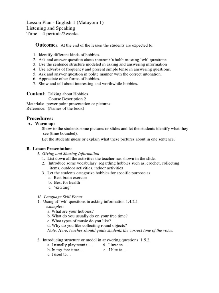 Lesson Plan CEFR | PDF | Question | Hobbies