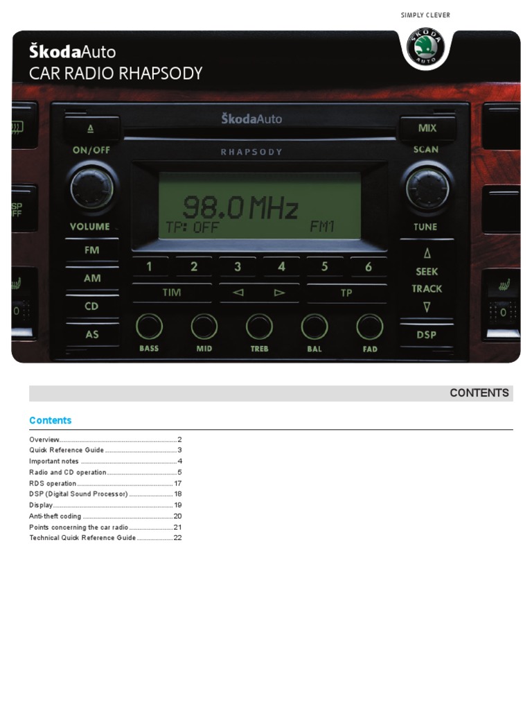 Skoda Car Radio Rhapsody II // Delta 6 Manual | PDF | Headphones | Radio