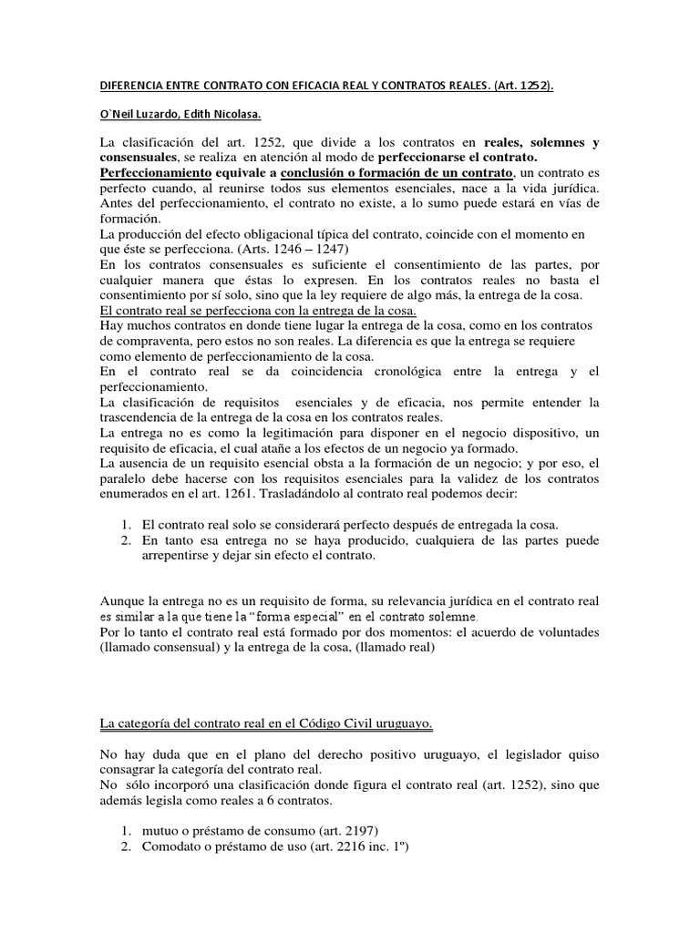 Diferencia Entre Contrato Con Eficacia Real y Contratos Reales PDF ...