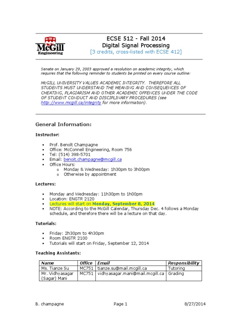 ECSE 512: Digital Signal Processing Course | PDF | Discrete Fourier ...