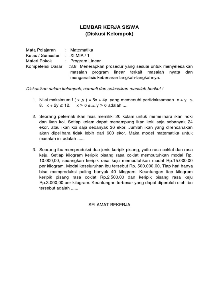 Lks Tugas Kelompok Matematika Sma Xi Program Linear | PDF