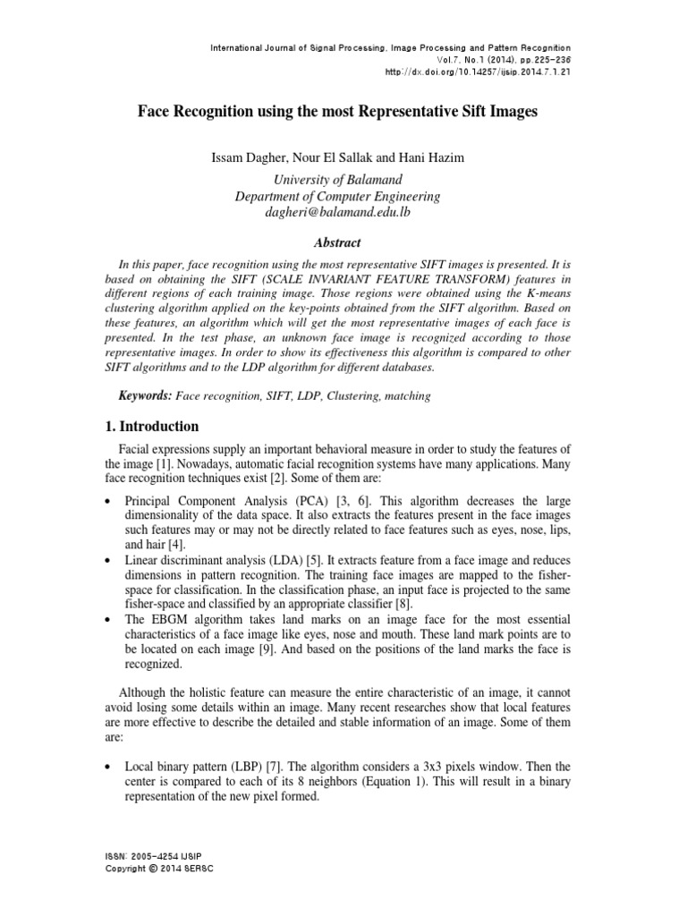 Face Recognition Using The Most Representative Sift Images: Issam ...