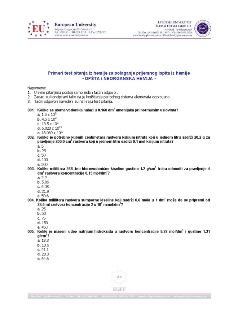Primeri Pitanja Sa Resenjima Iz Opste I Neorganske Hemije | PDF
