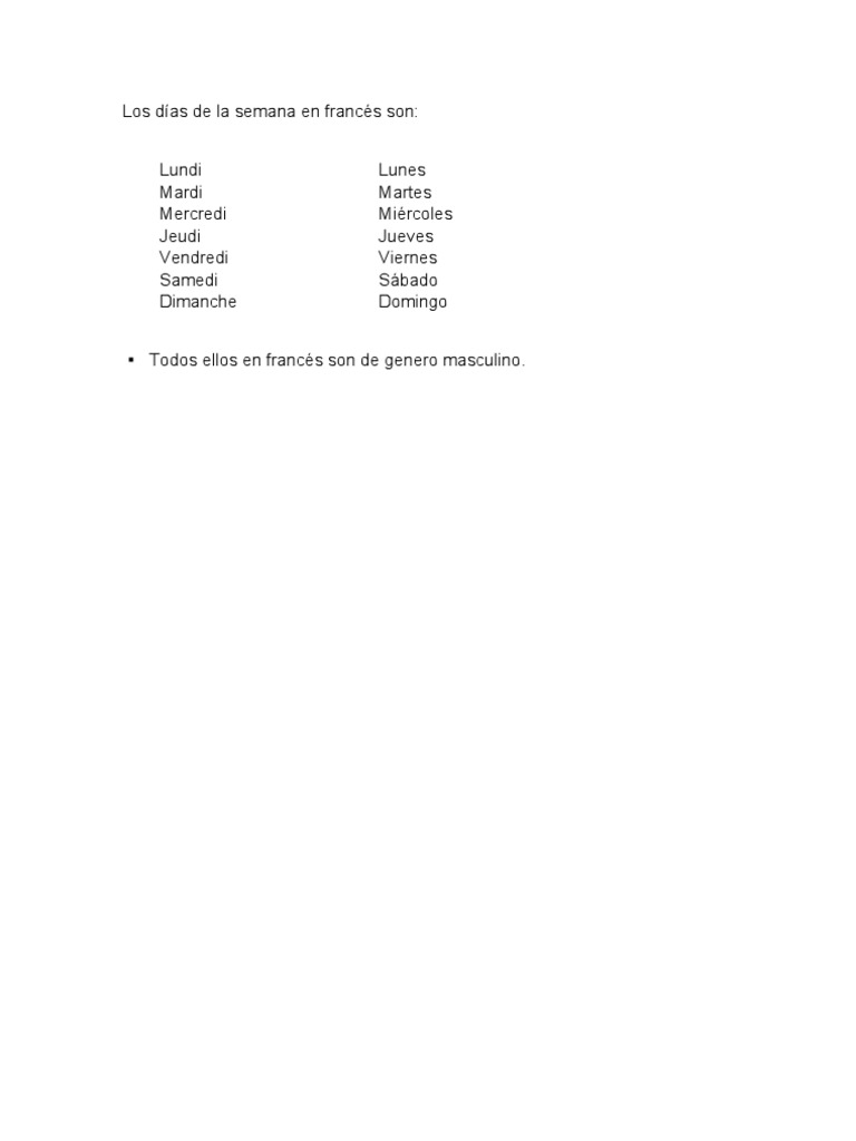 Los Días de La Semana en Francés Son | PDF
