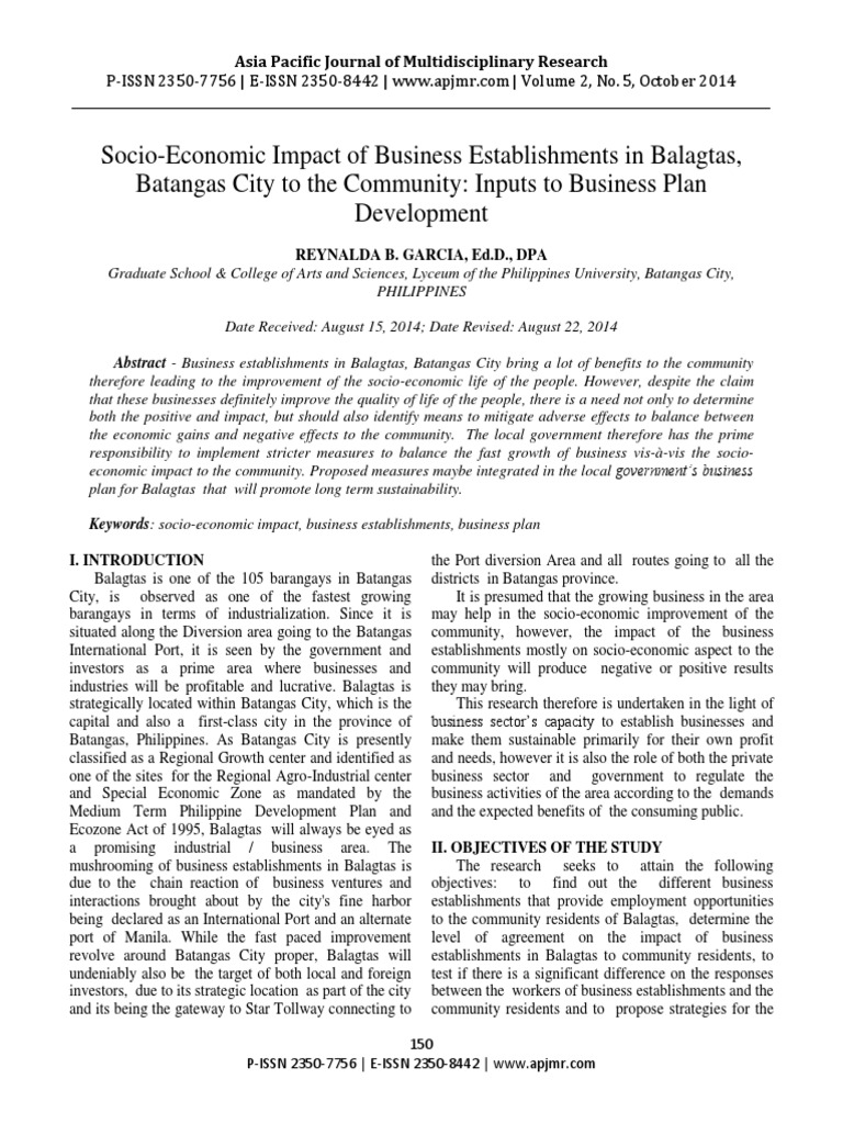 Socio-Economic Impact of Business Establishments in Balagtas, Batangas ...