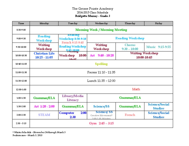 Grade 3 Class Schedule 2014-2015 | PDF