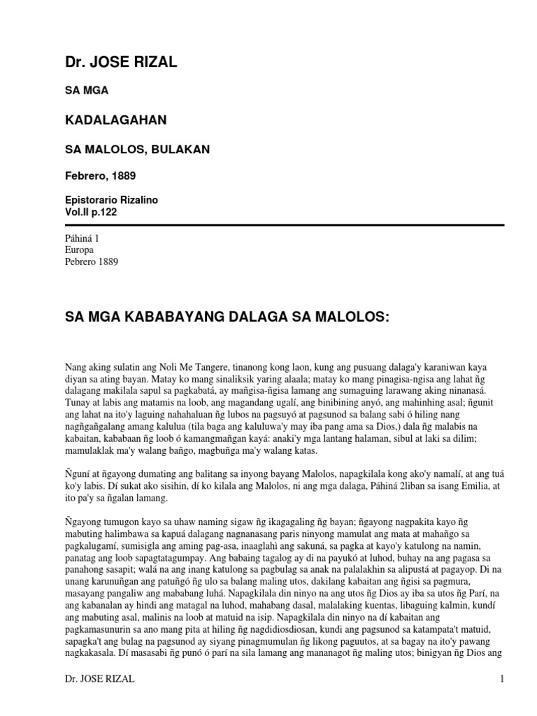 Ang Liham Ni Dr. Jose Rizal Sa Mga Kadalagahan Sa Malolos, Bulakan by Rizal, José, 1861-1896 | PDF