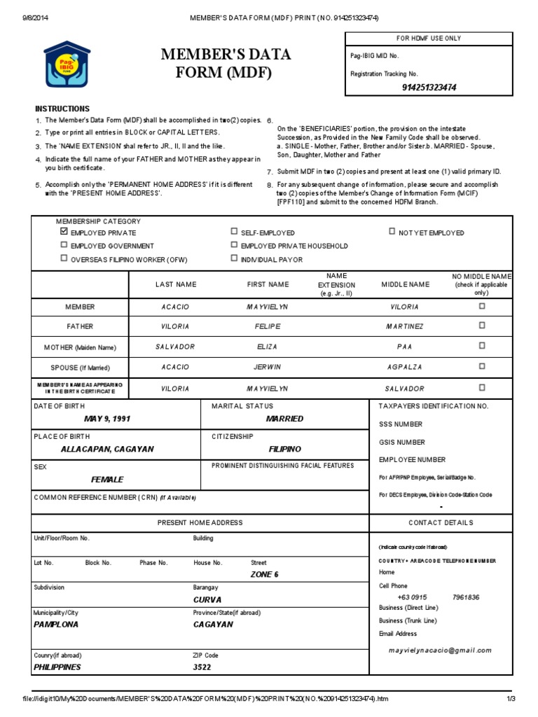 Member's Data Form (MDF) Print (No | PDF | Address (Geography) | Government