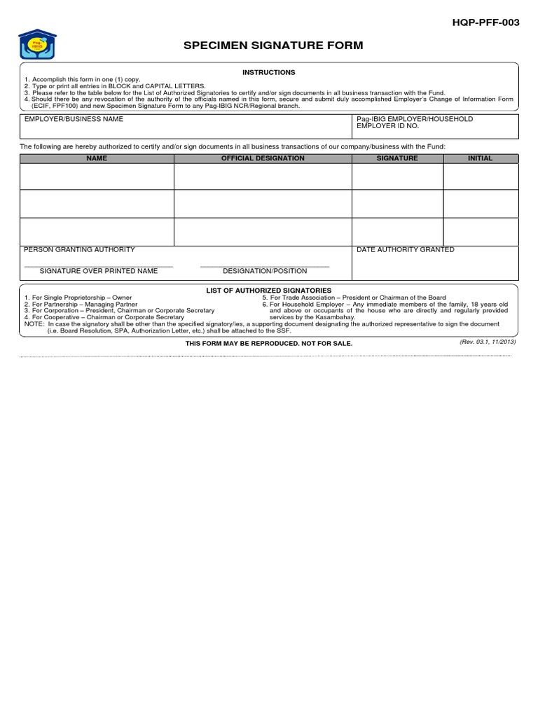 Pag-IBIG Specimen Signature Form | PDF | Finance & Money Management