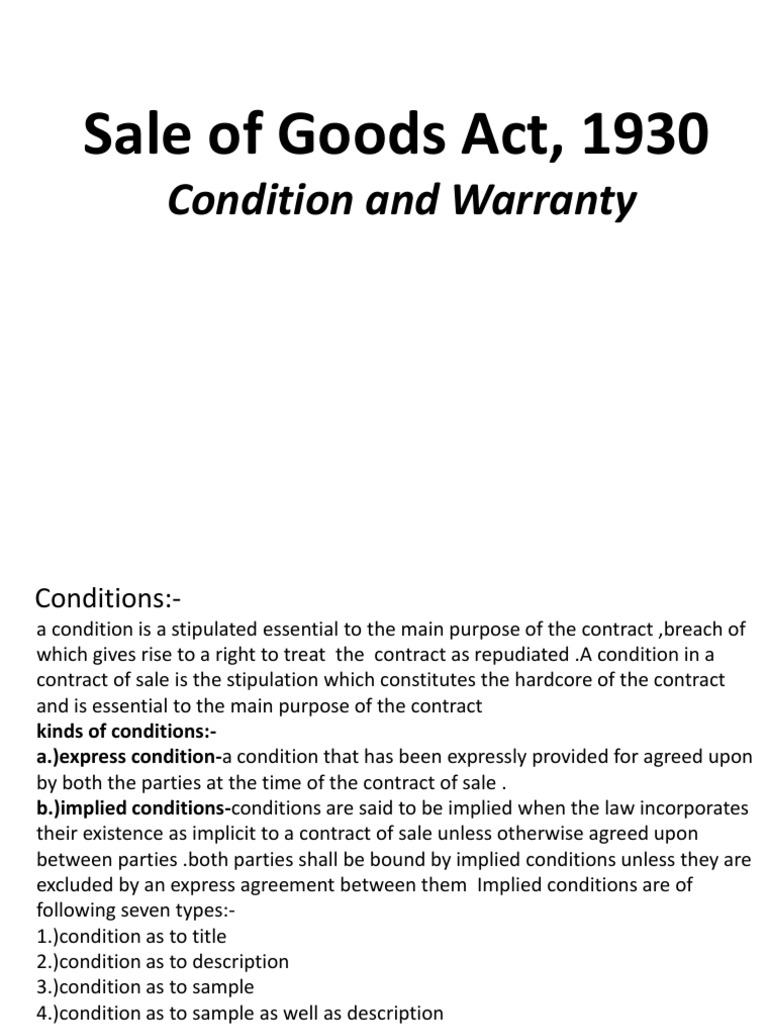 Sale of Goods Act, 1930: Condition and Warranty | PDF | Finance & Money ...