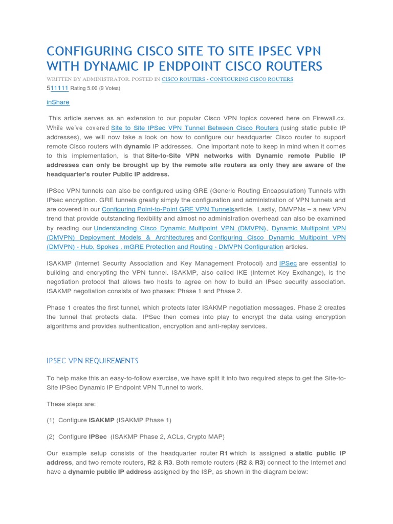 Configuring Cisco Site To Site Ipsec Vpn With Dynamic Ip Endpoint Cisco Routers Pdf Virtual