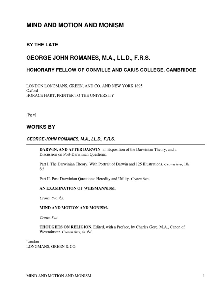 Mind and Motion and Monism by Romanes, George John, 1848-1894 | PDF ...