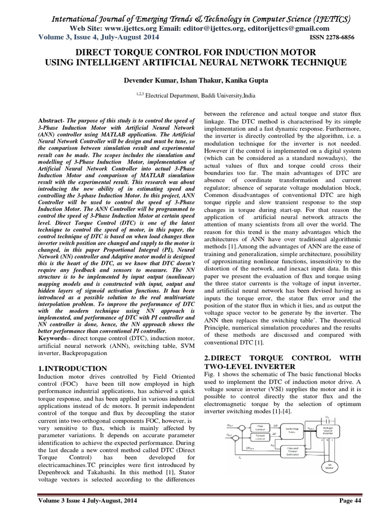 Direct Torque Control For Induction Motor Using Intelligent Artificial Neural Network Technique ...