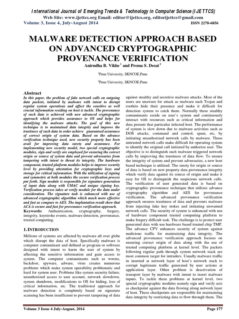 Malware Detection Approach Based On Advanced Cryptographic Provenance Verification | PDF | Key ...