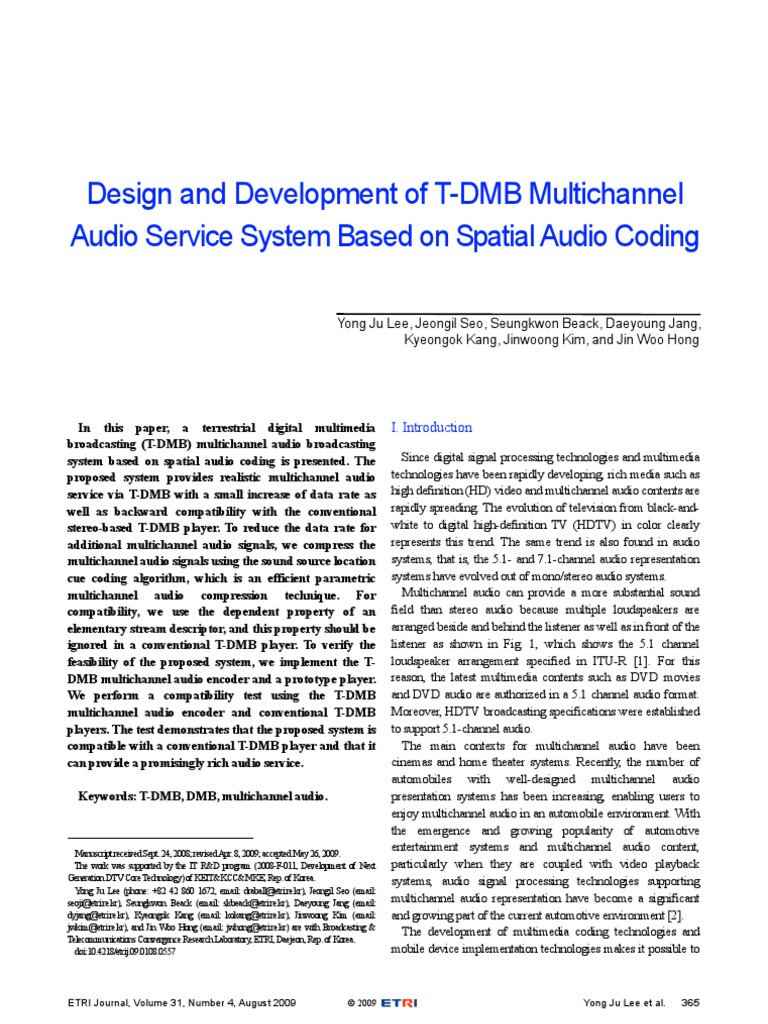 Design and Development of T-DMB Multichannel Audio Service System Based On Spatial Audio Coding ...