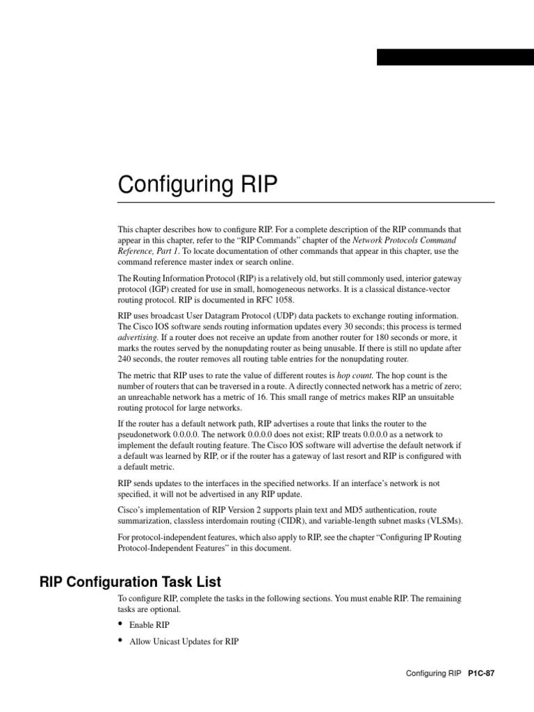 Configuring RIP: RIP Configuration Task List | PDF | Routing | Router (Computing)
