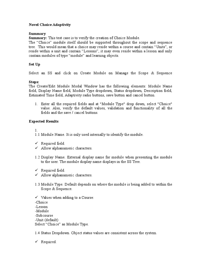 Novel Choice Adaptivity Test Cases | PDF | Software Engineering | Computing