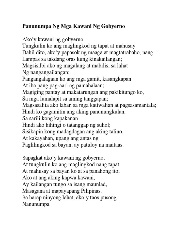 Panunumpa NG Mga Kawani NG Gobyerno | PDF Panunumpa NG Mga Kawani NG Gobyerno | PDF
