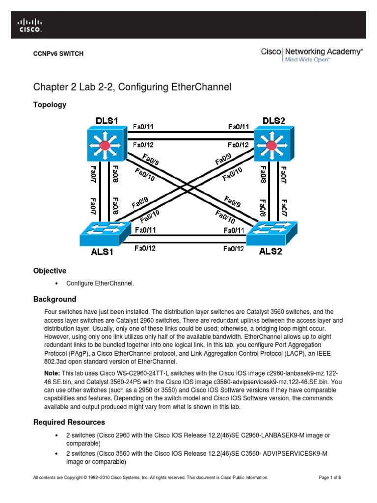 CCNPv6 SWITCH Lab2-2 Etherchannel Student | PDF | Network Switch | Communications Protocols