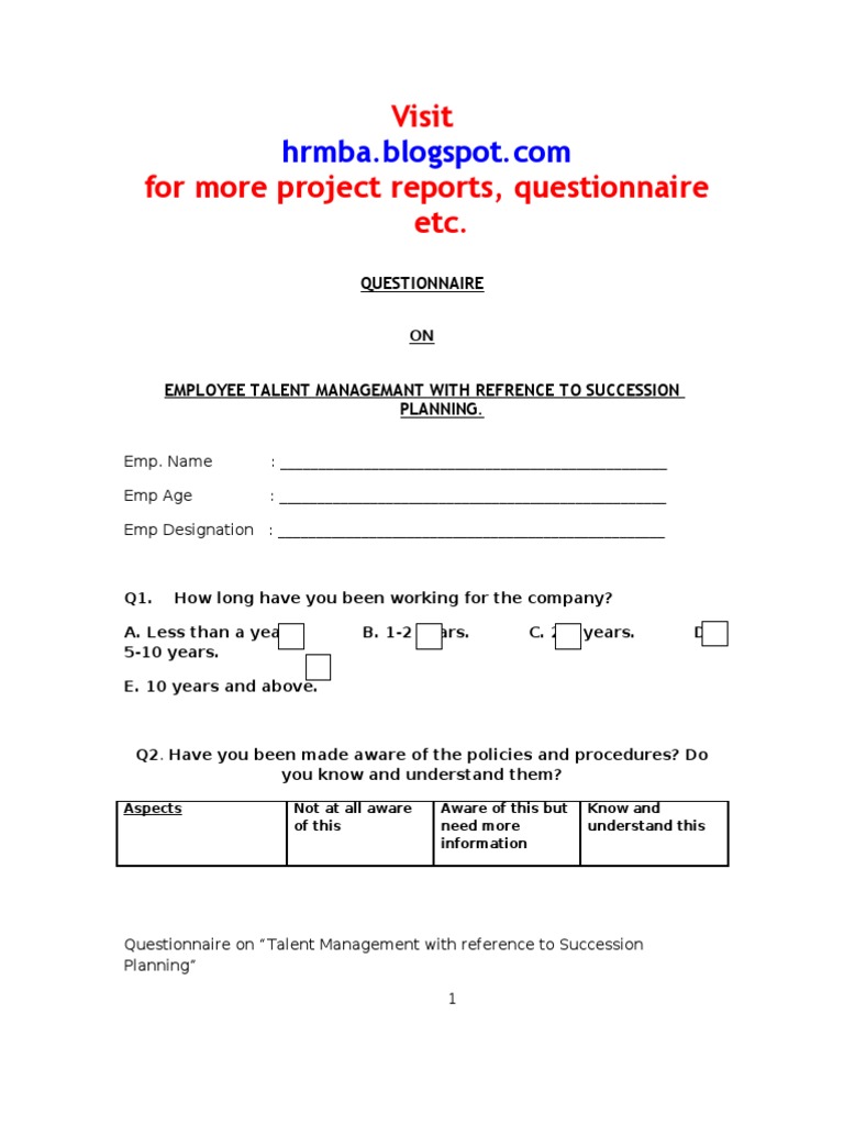 Talent Management EMPLOYEE Questionnaire | PDF | Employee Benefits ...