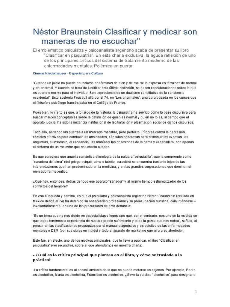 Néstor Braunstein Clasificar y Medicar Son Maneras de No Escuchar | PDF ...