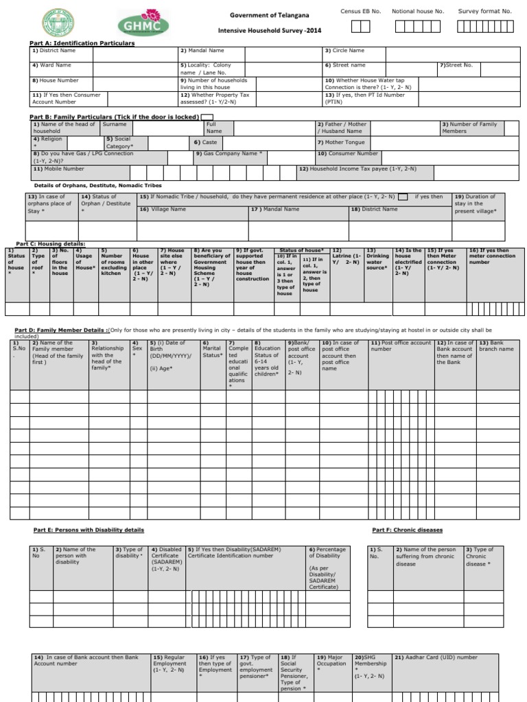 Telangana Household Survey Form 2014 | PDF