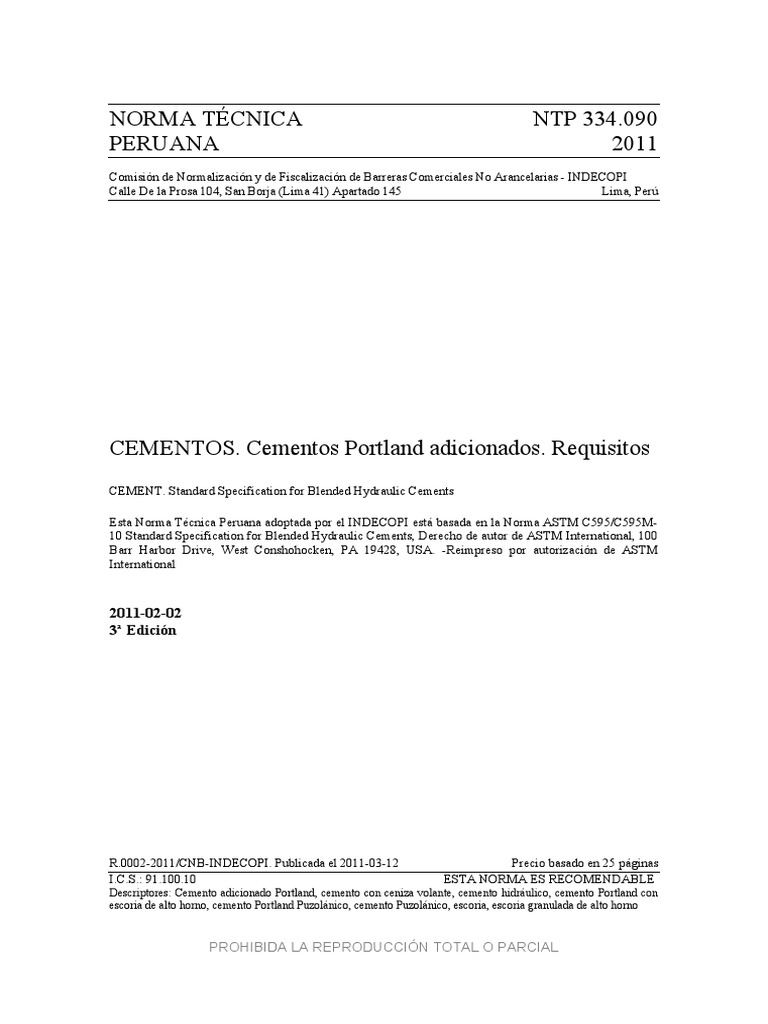 NTP 334.090 | PDF | Cemento | Hormigón