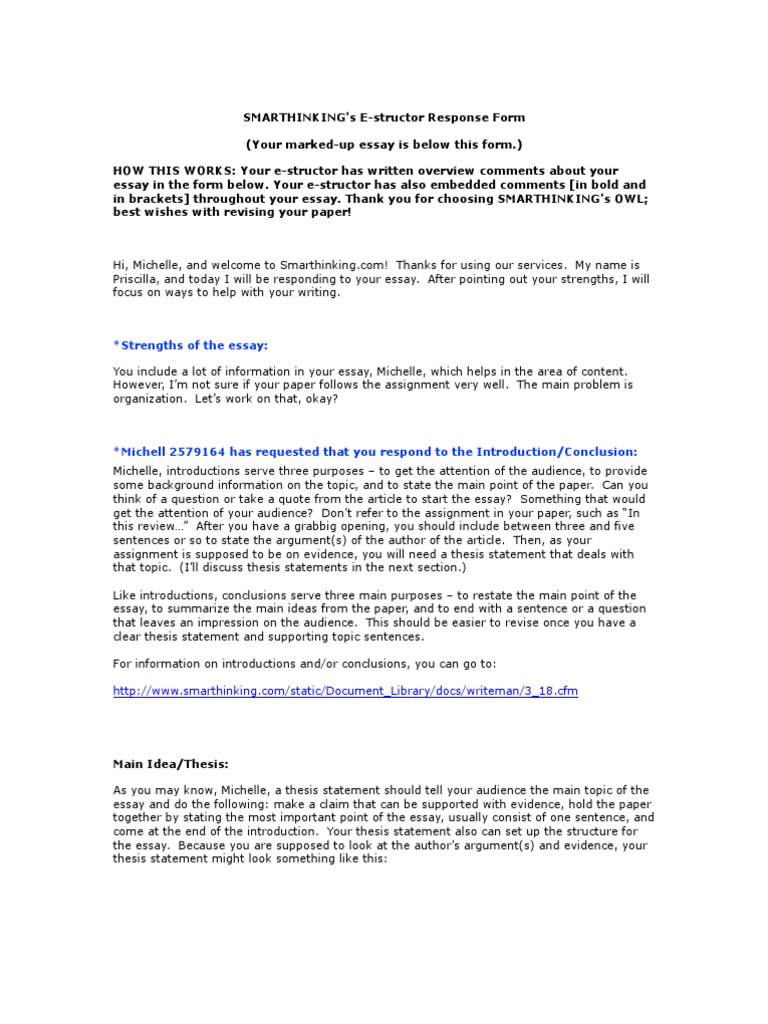 SMARTHINKING's E-Structor Response Form (Your Marked-Up Essay Is Below ...