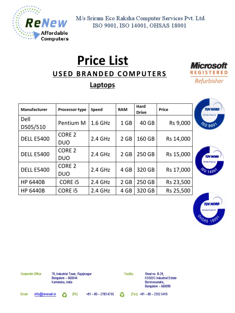 Second Hand Laptop Price List in Bangalore | PDF | Computers ...