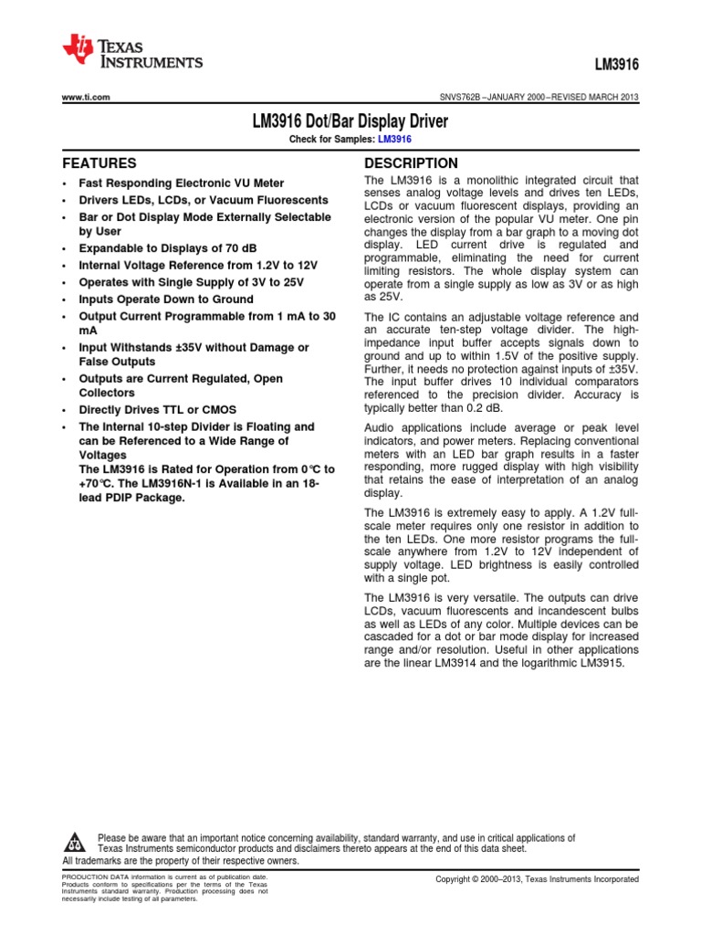LM3916 Dot/Bar Display Driver: Features Description | Download Free PDF ...