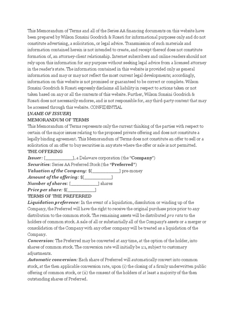 Y Combinat or Series AA Term Sheet (Sample) | PDF | Stocks | Mergers And Acquisitions