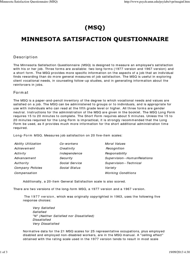 Minnesota Satisfaction Questionnaire (MSQ) | Job Satisfaction | Employment