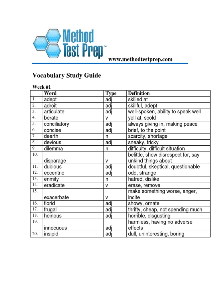 Vocabulary Study Guide: Week #1 Word Type | PDF | Semantics | Cognitive ...