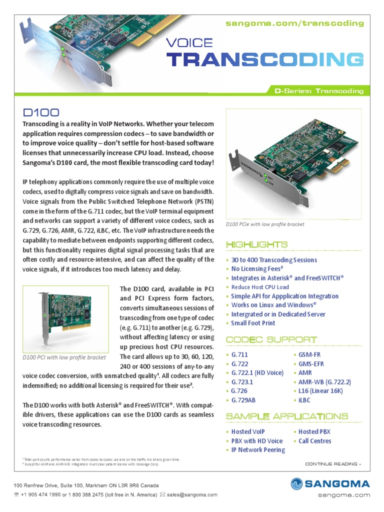 Sangoma D100 Series Transcoding Card Datasheet | PDF | Voice Over Ip ...