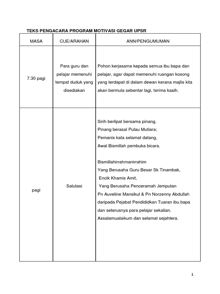Teks Pengacara Program Motivasi Gegar Upsr | PDF