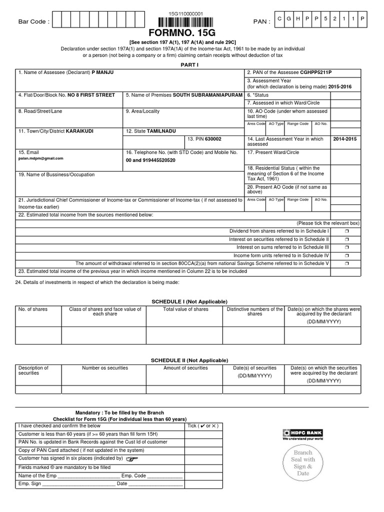 15 G Form (Pre-Filled) | PDF | Income Tax In India | Government Finances