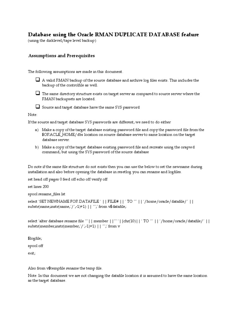Oracle Rman Duplicate Database Feature Pdf Oracle Database Port Computer Networking