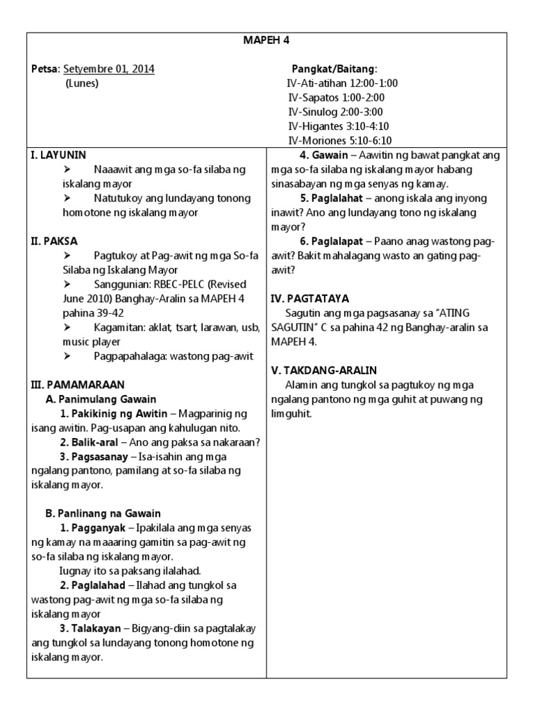 MAPEH-Lesson Plan Sept 1 | PDF