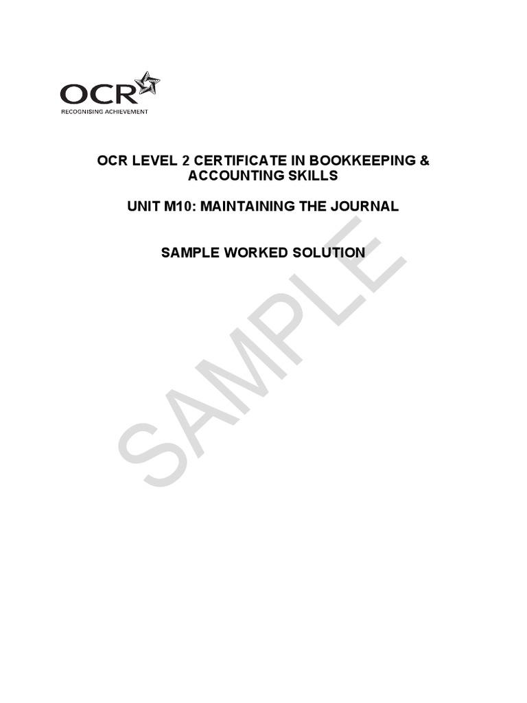 Ocr Level 2 Certificate in Bookkeeping & Accounting Skills Unit M10 ...