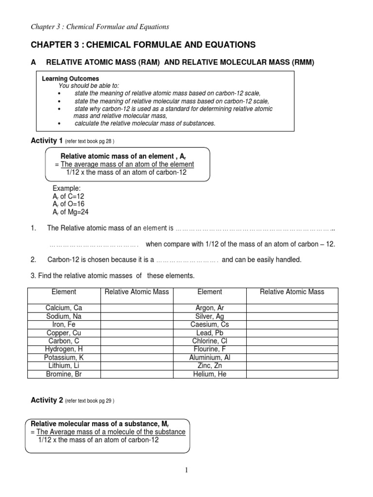 Chemical Formulae and Equations: A Relative Atomic Mass (Ram) and ...