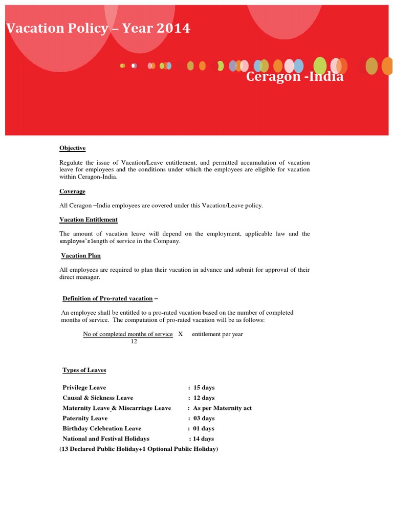Ceragon-India Vacation Leave Policy | PDF | Parental Leave | Vacation